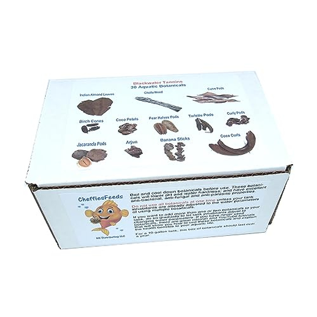 Box Lot of 30 Botanicals for Aquariums: Indian Almond Leaves, Cholla Wood, Birch Cones, Lotus Lafi Twistie Curve Pods, Pear Halves Pods, Coco Curls, Banana Sticks for Freshwater Blackwater Tannins