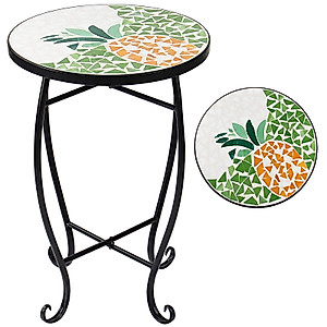 display4top Mosaic Round Outdoor Accent Table,Plant Flower Stand,Round Side Table (Yellow)