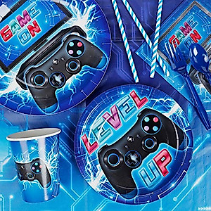 DECORLIFE Game on Party Supplies Serves 24, Blue Video Game Party Supplies Includes Tablecloth, Popcorn Boxes, Birthday Plates for Boys Gamer Party Decorations, Total 200PCS