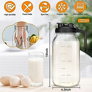 Nevfiro Mason Jar Pitcher with Pour Spout Handle Lid, 2Pack 32OZ Thick Glass Pitcher with Lid, Leak-proof Glass Pitcher Wide Mouth for Brew Coffee, Ice Beverage, Juice, Lemonade, Sun Tea, Fruit Drink