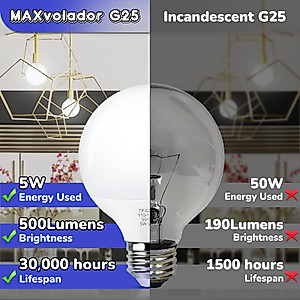 MAXvolador G25 LED Globe Light Bulb 60W Equivalent, Daylight White 5000K E26 Vanity Light Bulbs for Bathroom Makeup Mirror, Round Bulb Non-Dimmable 8-Pack