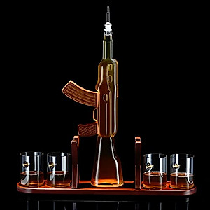 Large Gun Whiskey Decanter By The Diamond Glassware | Comes With A Set Of 4 Bullet Glasses & Mahogany Wooden Base| Decanter Set Perfect For Whiskey, Bourbon, Scotch, Liquor| Great Gift For Him| 1000ml