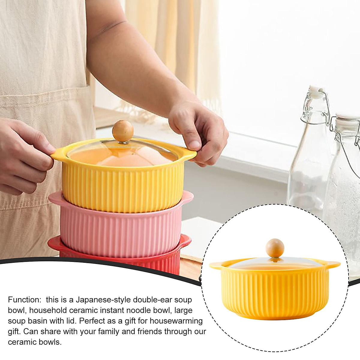 LIFKOME Ceramic Soup Bowl With Handles And Lid Ceramic Serving Bowl Set for Soup Instant Noodles Soup Mug Modern Simple Style Cereal Bowl Table Decoration Yellow