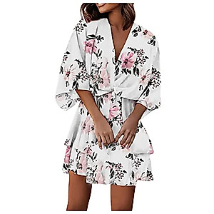 Womens Dresses 2023 Summer V Neck 3/4 Sleeve Casual Loose Beach Dress Plus Size Floral Swing A-Line Short Dresses Vacation Outfits for Women Cute Spring Clothes Mini Resort Wear(A White,Small)