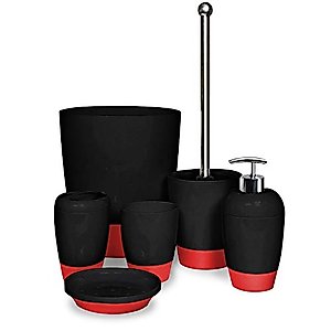 HOUSIO Eco-Friendly Bathroom Accessories Set,6Pcs Gift Set Toothbrush Holder,Tumbler,Lotion Dispenser,Soap Dish,Toilet Brush,Trash Bin Set (Black/Red)