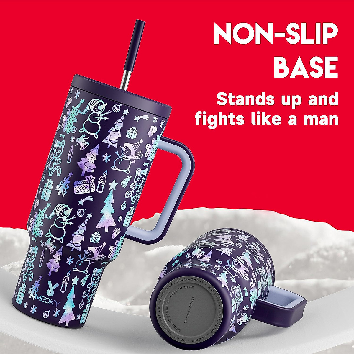 Meoky 40 oz Christmas Tumbler with Handle and Straw, Xmas Tumbler with Lid and Straw, Insulated Stainless Steel Travel Mug, 100% Leak-proof, Keeps Cold for 34 Hours (Christmas Tree)