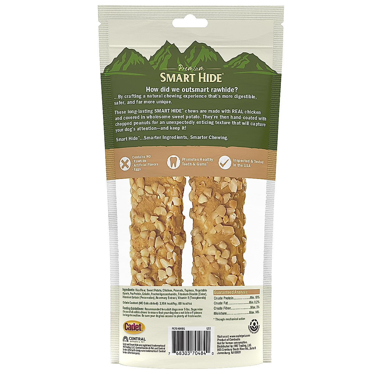Cadet Smart Hide Rawhide Free Dog Treats – Peanut Coated, 2 Count