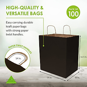 Prime Line Packaging 14x10x16.5 100 Pack Small Shopping Bag, Black Paper Bags with Handles for Small Business, Boutique, Thank You Gift Bags Bulk