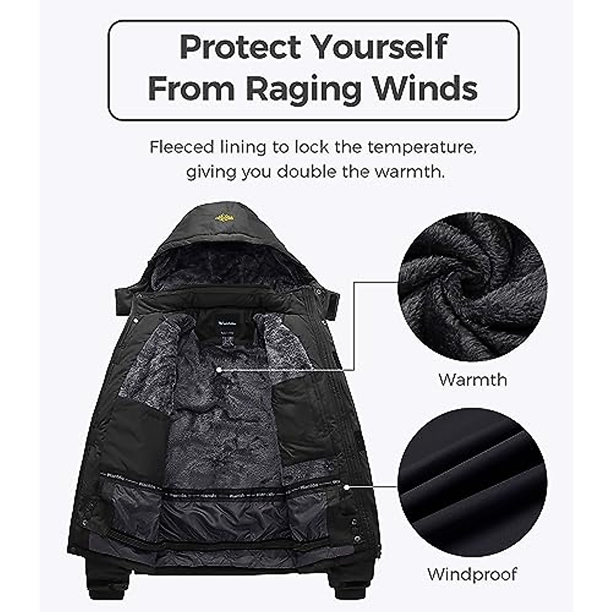 Wantdo Men's Waterproof Mountain Jacket Fleece Windproof Ski Jacket US XL Black XL