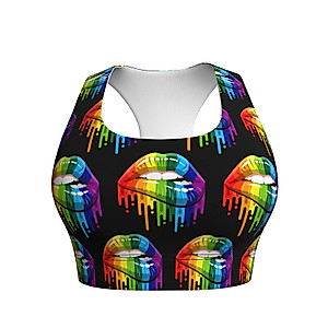 Besbapes LGBT Gay Homosexual Lesbian Rainbow Lips Pride Sports Bras for Women Padded Sports Bras for Women Workout Bras for Women Racerback Bras Yoga Bras