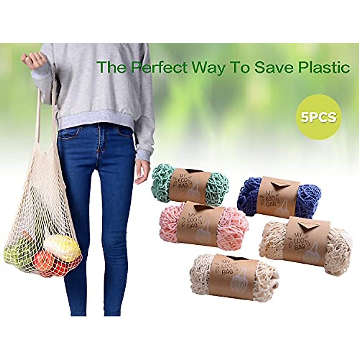 S SRYSITA 5 Pack My Eco Bag Portable Large Reusable Grocery Bags Fruit and Vegetable Bag Washable Cotton Mesh Bag Organic Organizer Shopping Handbag Long Handle Net Tote (Blue,Green,Beige,Pink)