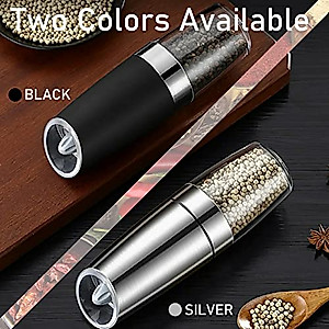 Gravity Electric Salt and Pepper Grinder, SAINSWIN Automatic Pepper Mill Grinder Battery-Operated,Silver Adjustable Coarseness Sea Salt Grinder, LED Light, Utility Brush,One Hand Operated