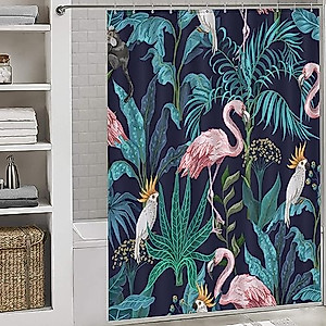 LAKIMCT Jungle Flamingo Parrots Shower Curtain for Bathroom, Polyester Cloth Shower Curtain with Hooks, Modern Shower Curtain, Art Deco Shower Curtain, 66x72 inch Shower Curtain, 12 Hooks