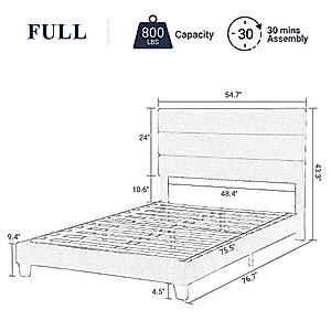 Allewie Full Size Platform Bed Frame with Fabric Upholstered Headboard and Wooden Slats Support, Fully Upholstered Mattress Foundation/No Box Spring Needed/Easy Assembly, Dark Grey