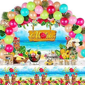 66 Pcs Hawaiian Aloha Party Decorations Luau Backdrop Tiki Banner Summer Tropical Balloon Garland Arch Kit Palm Leaves Hawaiian Theme Tablecloth for Birthday Baby Shower Tropical Beach Party Supplies