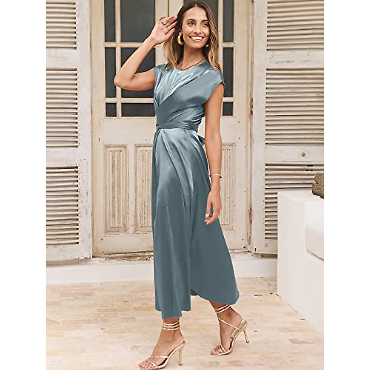 ANRABESS Women's 2023 Formal Dress for Women Summer Maxi Elegant Satin Cocktail Dress Sleeveless Wrap A-Line Flowy Midi Wedding Guest Silk Semi Formal Dress 916huilan-S Grey Blue