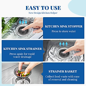 Wanocean Upgraded 3in1 Kitchen Sink Drain Strainer & Sink Stopper,304 Stainless Steel Metal Sink Drain Stopper with Anti-Clogging Wider Strainer Basket,Kitchen Essentials for US Standard 3-1/2" Drain