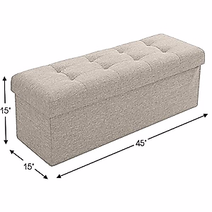 Ornavo Home Foldable Tufted Linen Large Storage Ottoman Bench Foot Rest Stool/Seat - 15" x 45" x 15" (Beige)
