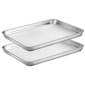 Baking Sheets Set of 2, HKJ Chef Cookie Sheets 2 Pieces & Stainless Steel Baking Pans & Toaster Oven Tray Pans, Rectangle Size 12.5Lx10Wx1H inch & Non Toxic & Healthy & Easy Clean…