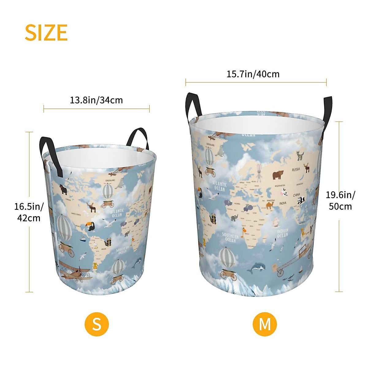 Pevtufa Animals Travel World Map Foldable Laundry Basket Organizer,Fabric Clothes Toy Storage Basket Nursery Hamper Storage Bin For Household Bedroom, Bathroom, College Dorm-Small