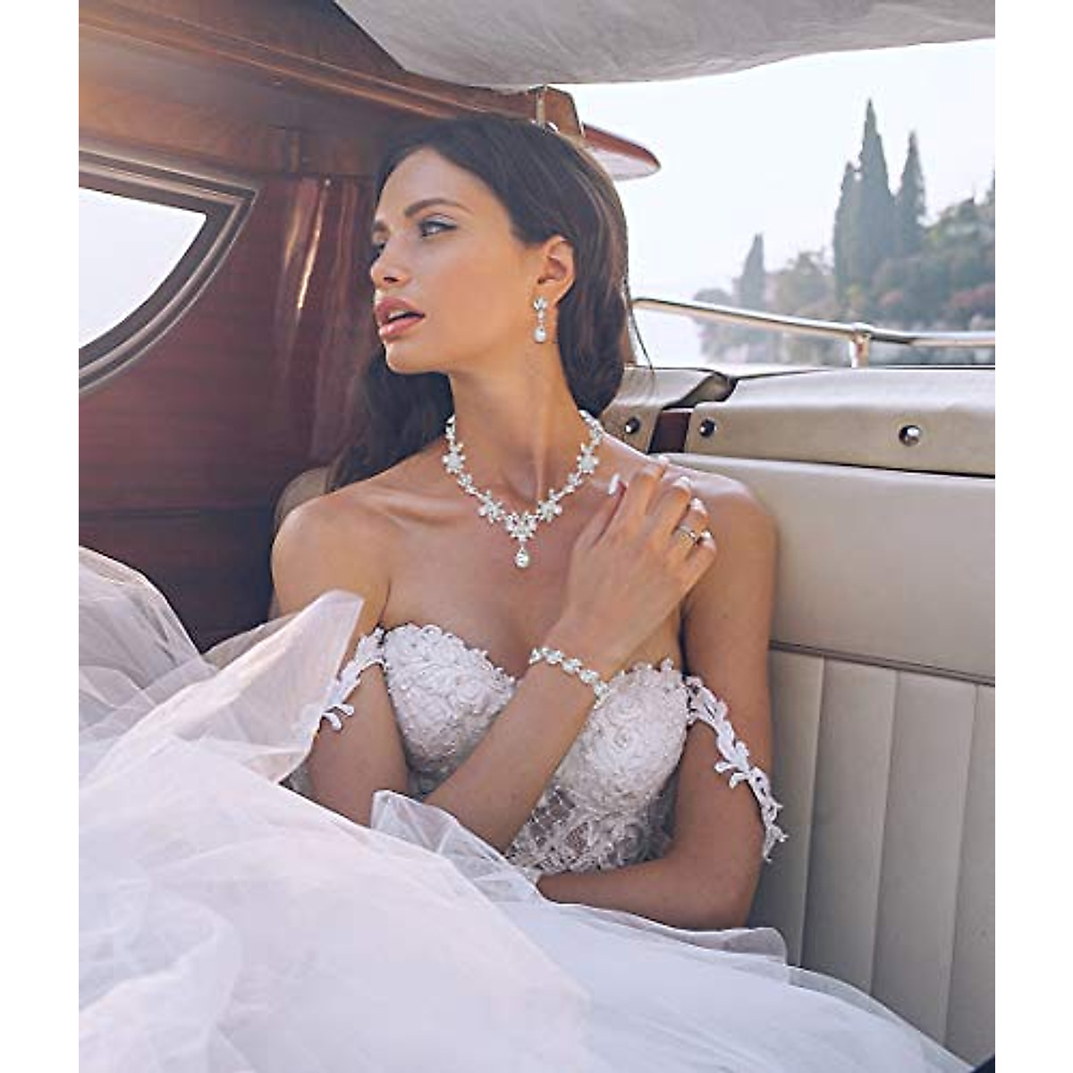 Florideco Wedding Bridal Jewelry Set for Women Rhinestone Necklace Bracelet Earrings Set Bridesmaid Crystal Jewelry