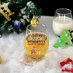 Jogskeor Cheers to a Wonderful Christmas Wine Glass, Christmas Elk Stemless Wine Glass for Friends Dad Mom Women Men Christmas New Year Wedding Party Winter Holiday Party, 15 Oz