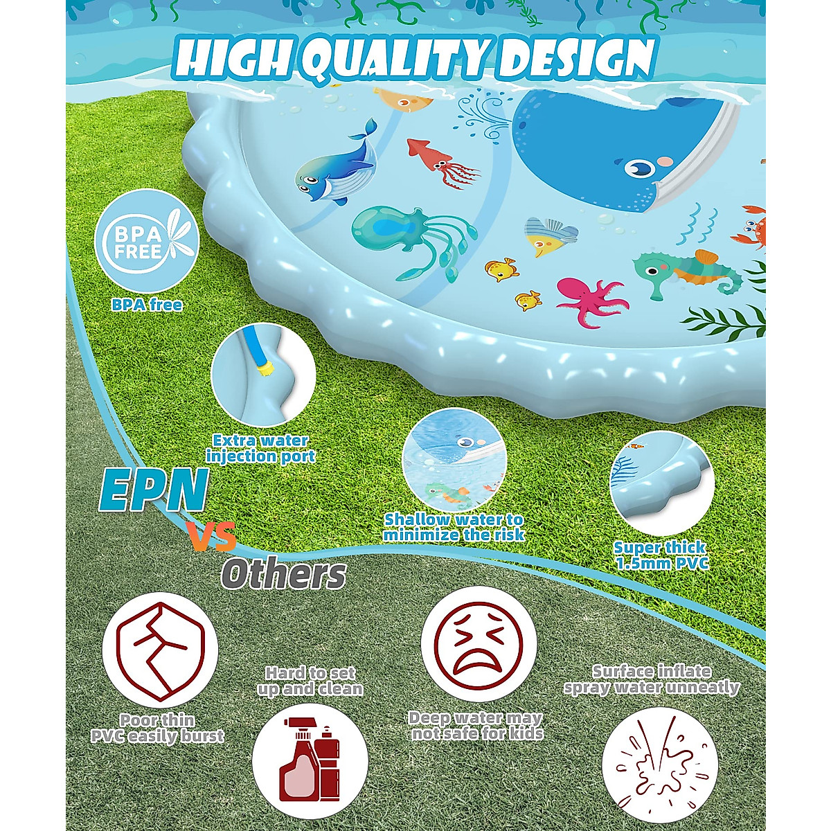 EPN Splash Pad, 86.6" Size Extra Large Sprinkler Play Mat Fun for Kids, Thicker Summer Outdoor Water Toys Toddler Pool for 3-12 Years Old Children Boys & Girls
