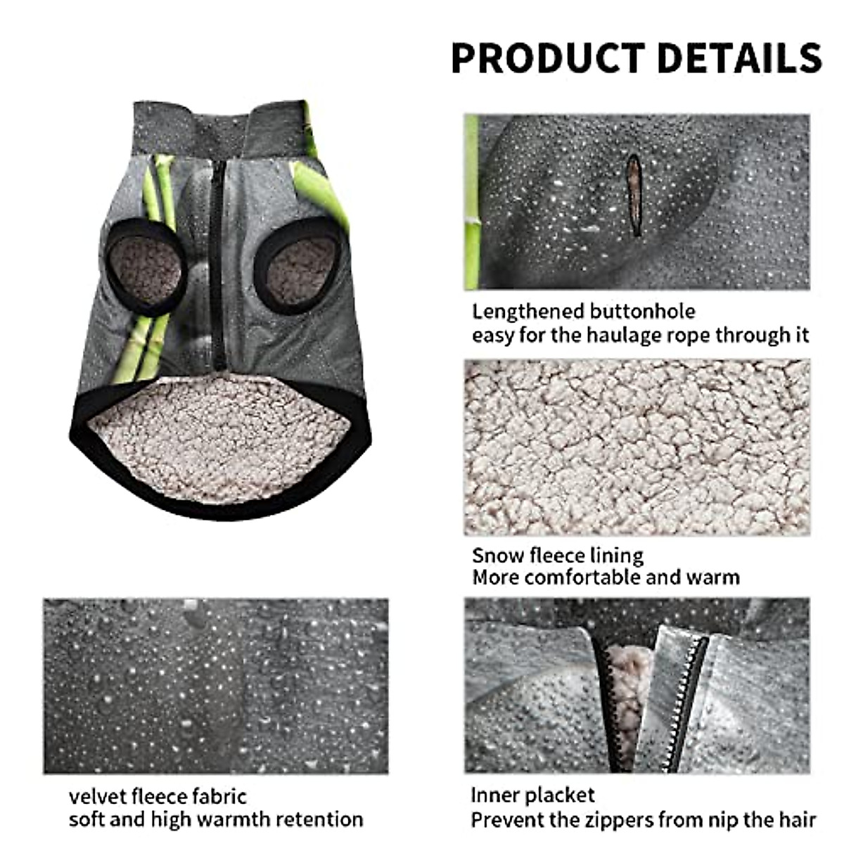 Black Zen Basalt Stones with Dew Green Bamboo on Dark Pet Winter Vest Coat with Hanging Holes, Windproof Fleece Extra Warm Dog Cat Jacket Sweater Clothes Apparel for Cold Weather S