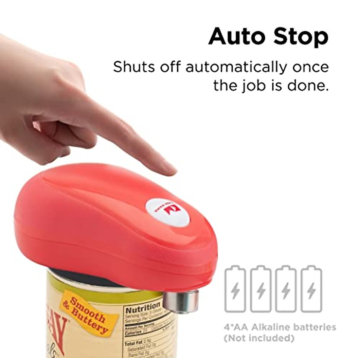 Kitchen Mama One Touch Can Opener: Open Cans with Simple Press of A Button - Auto Stop As Task Completes, Ergonomic, Smooth Edge, Food-Safe, Battery Operated Can Opener, Electric Can Opener (Red)