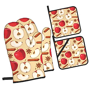 ZHRYMIFE Red Apple Oven Mitts and Pot Holders Sets Kitchen Hot Pad Non-Slip Heat Resistant Waterproof Baking BBQ Cooking Gloves(4 Piece), Black, One Size