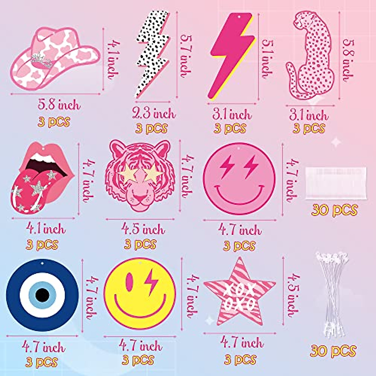 AellasNervalt 30Pcs Preppy Y2k Hot Pink Party Swirl Smile Face Lightning Ceiling Hanging Swirls Lips Leopard Whirl Streamers Decorations for Teen Girls Birthday Bachelorette Early 2000s Theme Party