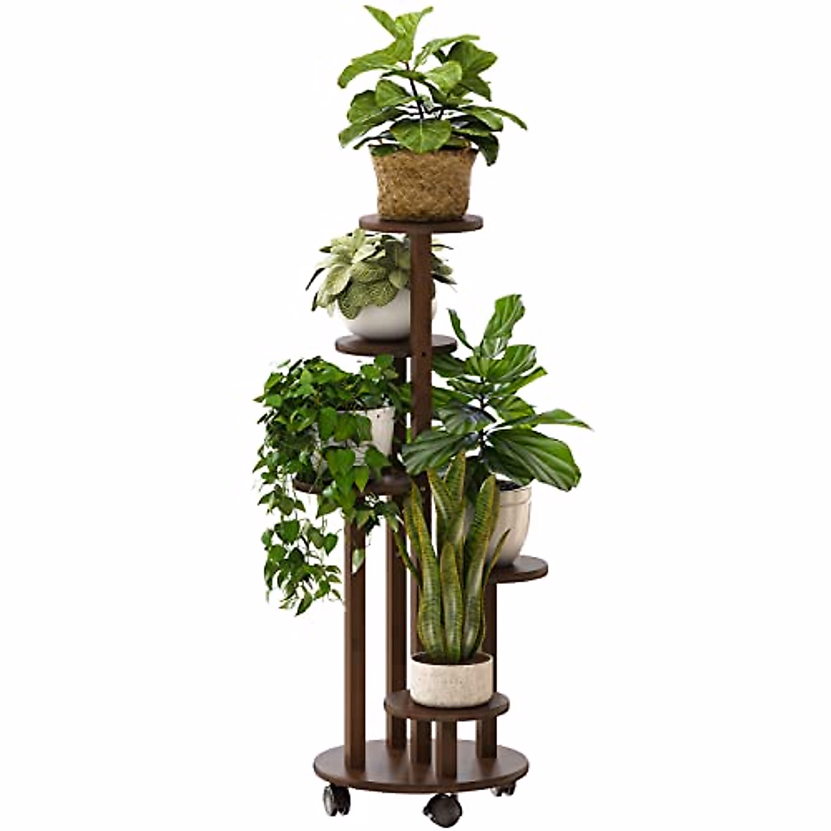 Indoor Plant Stand with Wheels, 5 Tiered , Bamboo Plant Stands for Indoor Plants Multiple, Corner Plant Stand for Window Garden Balcony Living Room Outdoor