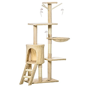 PawHut 53" Plush Sturdy Interactive Cat Condo Tower Scratching Post Activity Tree House - Beige