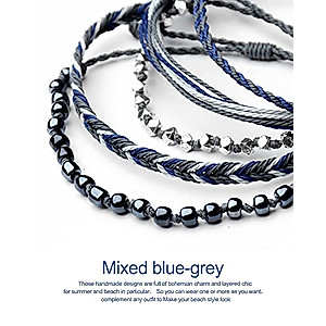 Mezcla Vida Bohemian Starfish Charm Silver Zinc Beaded Waterproof Rope Surfing Bracelets Sets For Women Teen Girls, Beach Handmade String Jewelry (GREY-BLUE)