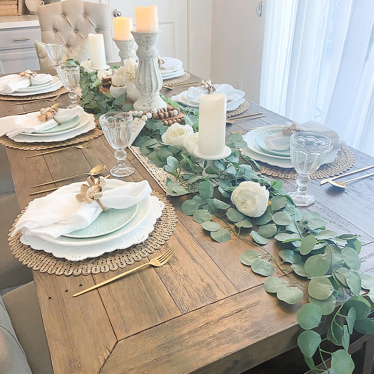 CQURE 8Pcs Eucalyptus Garland,Artificial Eucalyptus Leaves Table Greenery Garland Wreath Spring Garland Vines for Wedding Party Table Bedroom Wall Room Decor