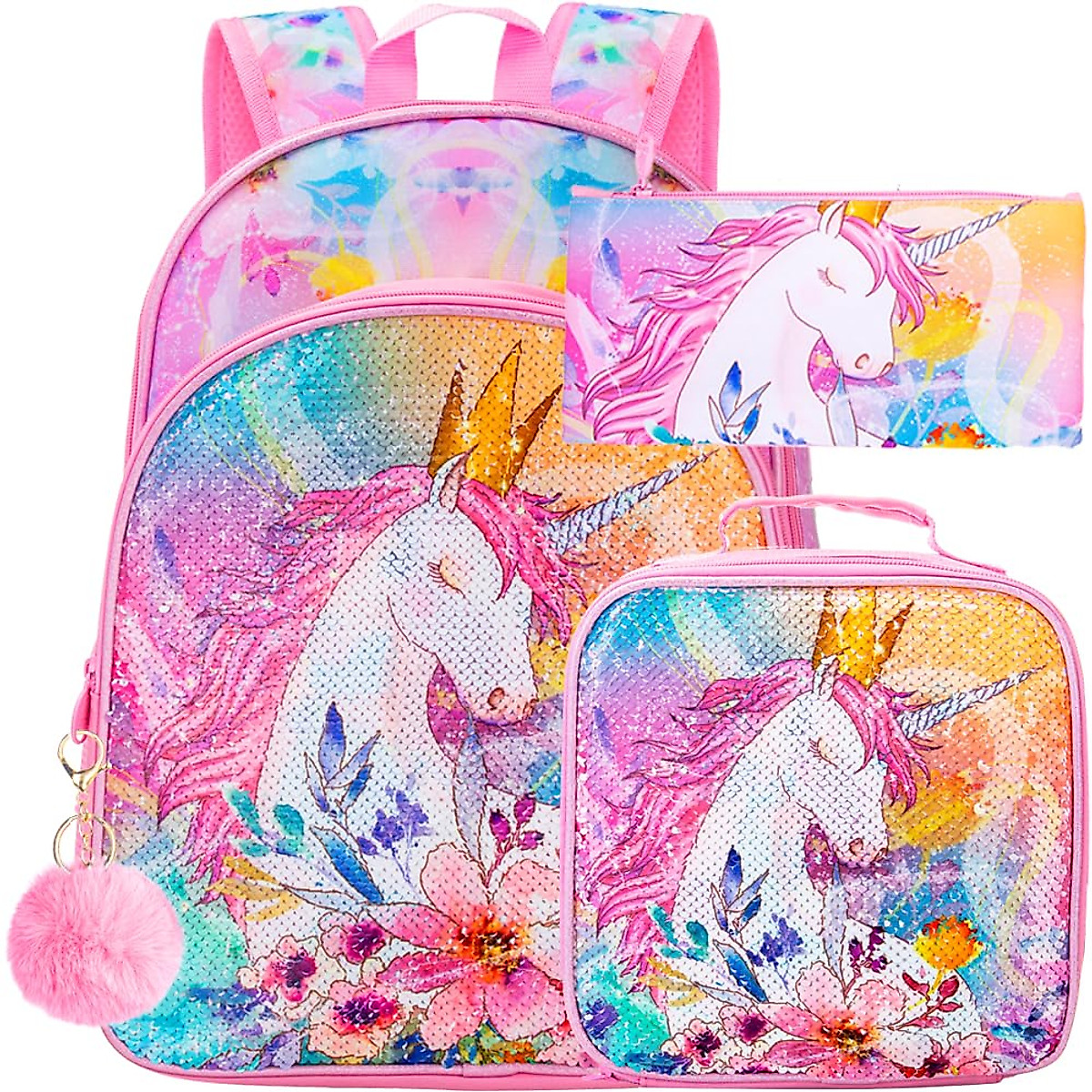 WZLVO 3PCS Unicorn Backpack for Girls, 16” Kids Sequin Bookbag, Elementary Preschool School Back Packs and Lunch Box