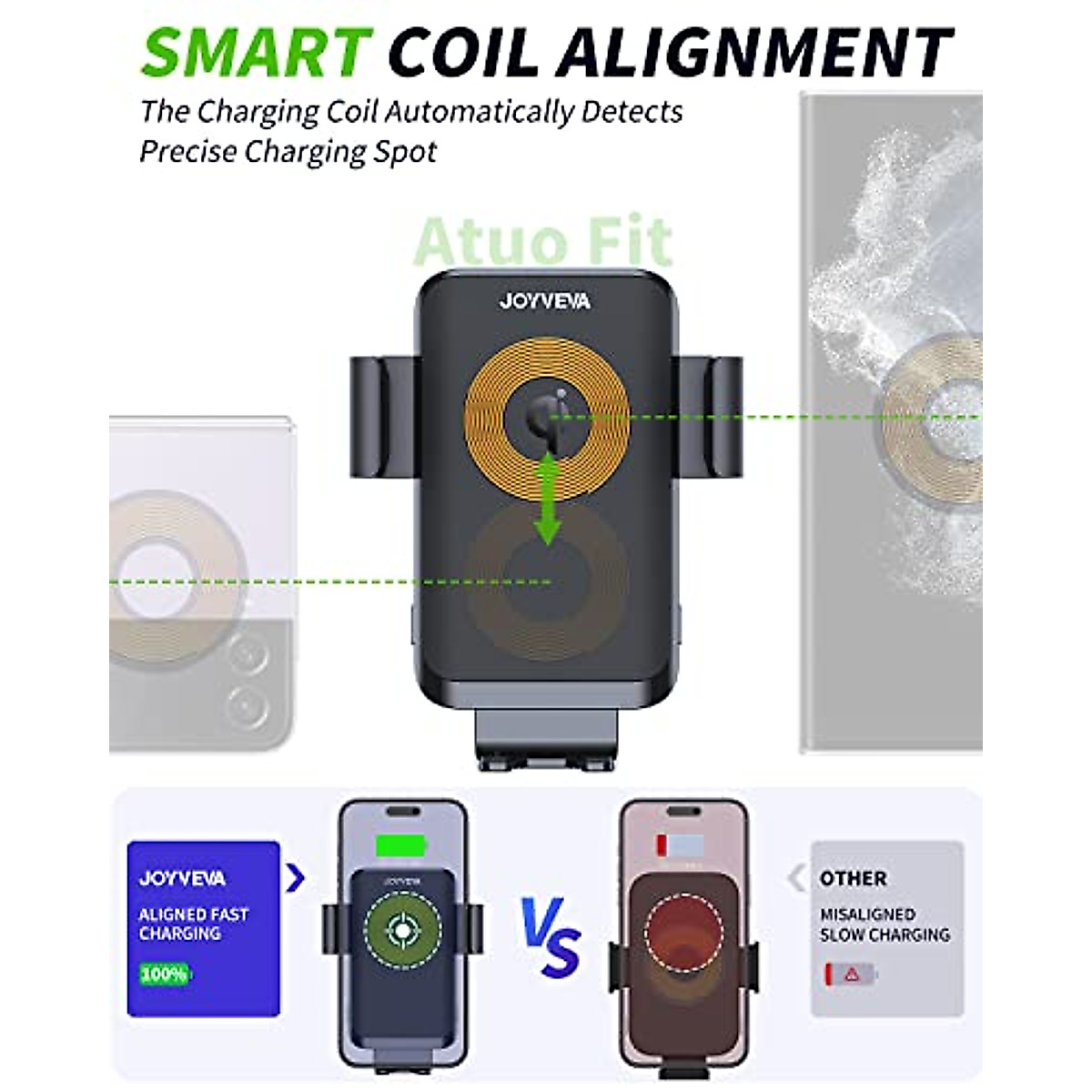 JOYVEVA Wireless Car Charger, Auto Alignment Auto Clamping Car Charging Mount for iPhone14/14 Pro Max/13/13 Pro/12/12 Pro/11/10/8, Vent Dashboard Car Phone Holder for Galaxy S23/S23+/S23Ultra/Flip4/3