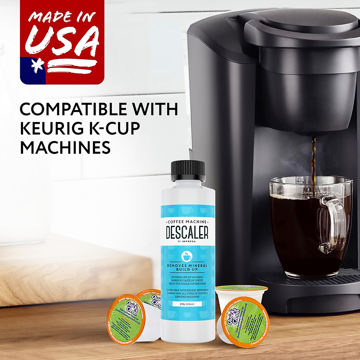 IMPRESA Cleaning and Descaler Kit - 2 Uses Per Bottle Plus 4 Cleaning Cups Compatible with Keurig K-Cup Pod Machines - Made in USA - Universal Descaling Solution and Stain Remover