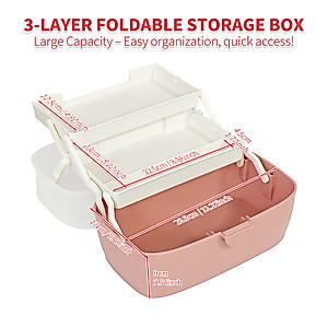 3-Layer Multipurpose Storage Box Organizer Folding Tool Box/Art & Crafts Case/Sewing Supplies Organizer/Medicine Box/Family First Aid Box with 2 Trays (Pink)