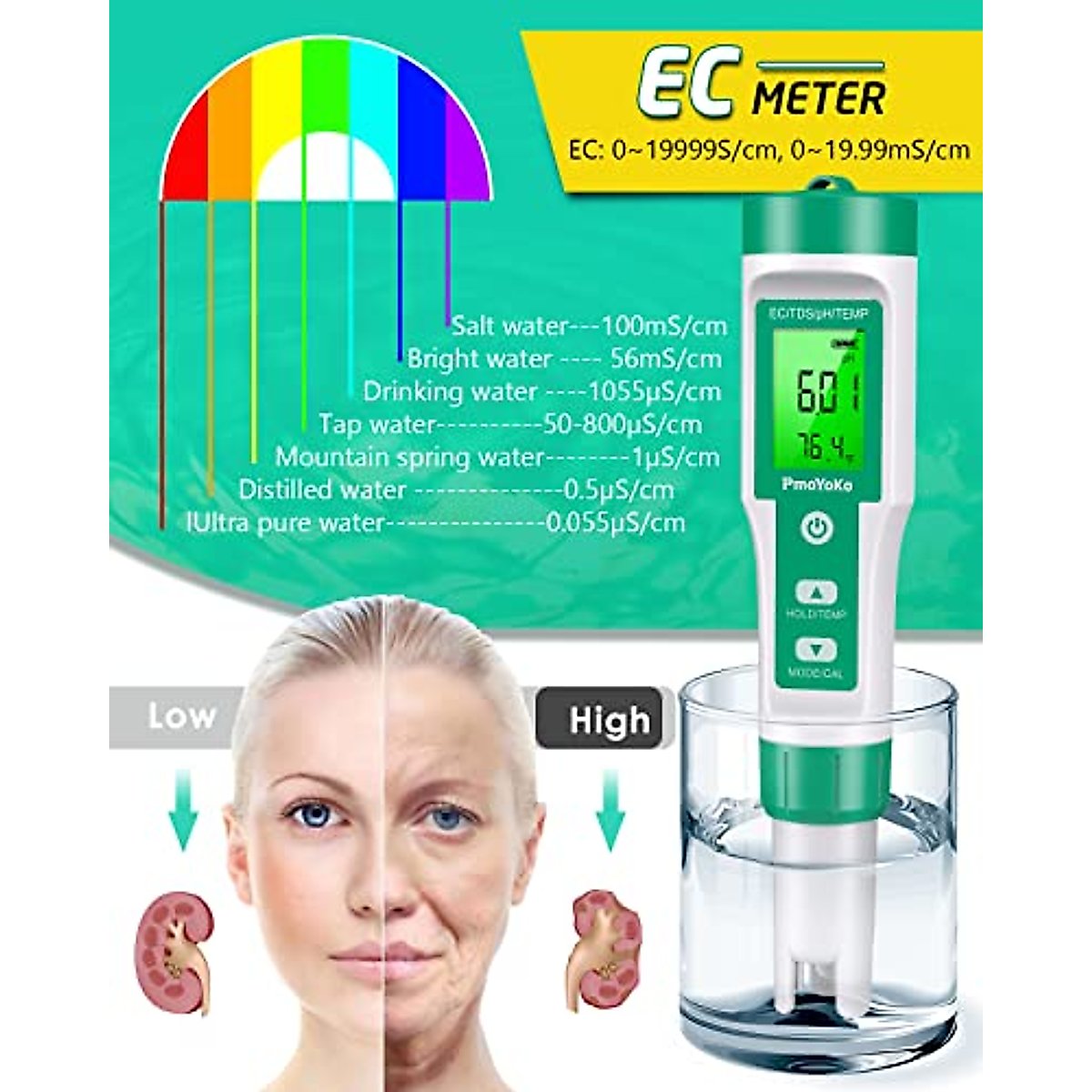 4 in 1 Digital pH Meter for Water, ±0.01 Resolution High Accuracy Tds Meter Digital Water Tester with ATC pH Tester, Water Tester for Drinking Water, Brewing, Hydroponics, Wine, Pool and Aquarium