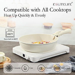 ESLITE LIFE Nonstick Skillet Set with Lids & Detachable Handle, Healthy Granite Coating Egg Omelette Pan,Stackable Cookware for Campers,Oven Safe,PFOA Free (White, 7 Pcs Skillet Set)