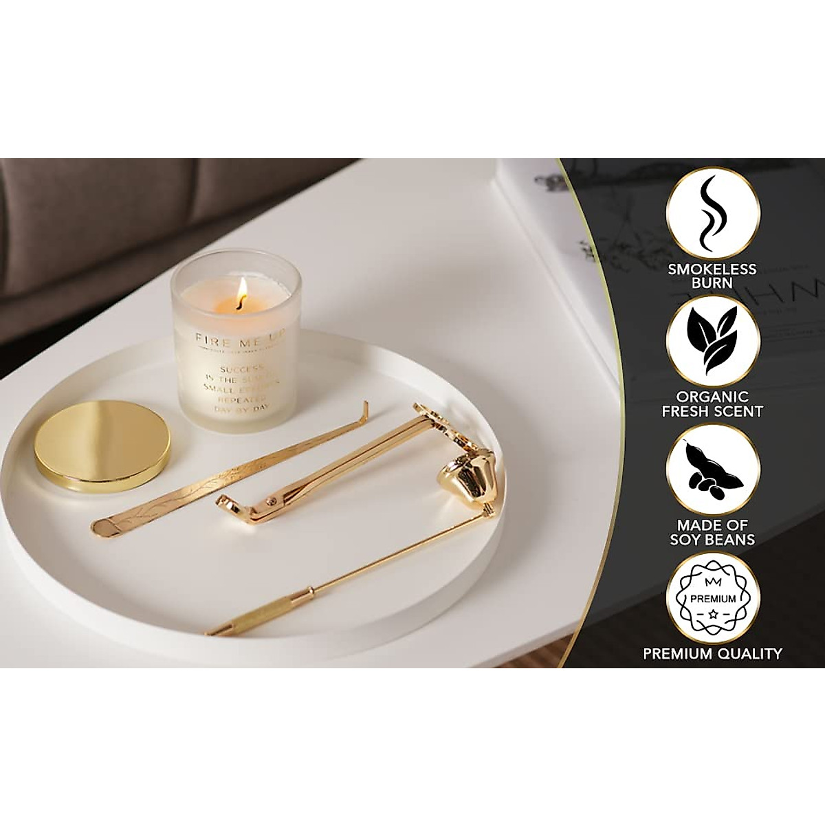 Fire Me Up Apple 8 oz Soy Candle with Metal Wick Trimmer, Snuffer, Wick Dipper Gift Set, Motivational Soy Candle, Cotton Wicked Candles with Reusable Glass Jar for Birthday Mother's Day Gift