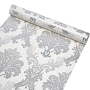 HOYOYO 17.8 x 78 Inches Self-Adhesive Shelf Liner, Self-Adhesive Shelf Liner Dresser Drawer Paper Wall Sticket Home Decoration, Vintage Gray Damask