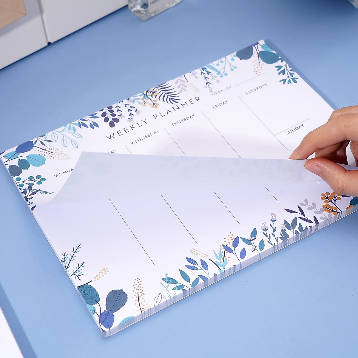 Weekly Planner Notepad Tear Off Set of 2 Weekly Calendar Pad 52 Undated To Do List Notepad Sheets Desk Planner Planning Pads Productivity Tracker for Work Goals Notes Schedule Ideas, Floral Blue