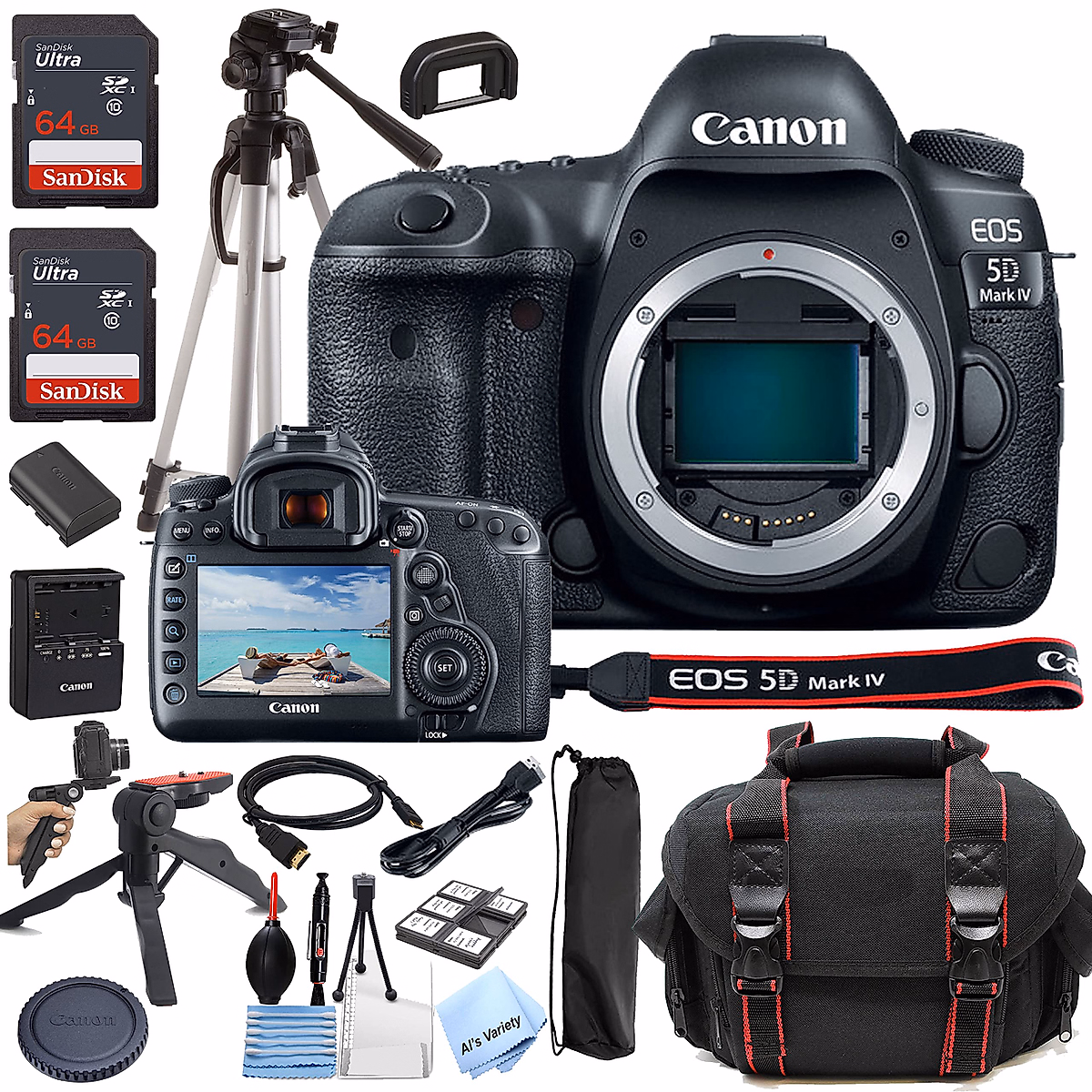 Canon EOS 5D Mark IV Full Frame DSLR Camera (Body Only)| 30.4MP Sensor |DCI 4K Video| Al’s Variety Accessories Includes: 2X 64GB Memory + Case + Tripod + Grip Pod + HDMI Cable + More (22pc Bundle)