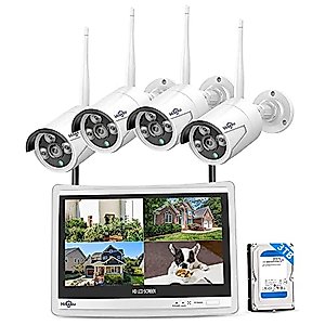 [10CH Expandable, 2K] Hiseeu All in one with 12" LCD Monitor 3TB Hard Drive, Wireless Security Camera System, Home Business 5MP Dual WiFi NVR 4Pcs 3MP Outdoor Bullet IP Cameras Night Vision Waterproof
