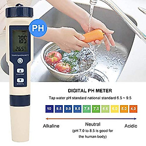 Pusokei Water Quality Digital Tester, 5 in 1 PH/Salinity/Temp/TDS/EC Testing Meter, Ideal Multifunctional Tester Detector for Drinking Water, Aquaculture,Aquarium