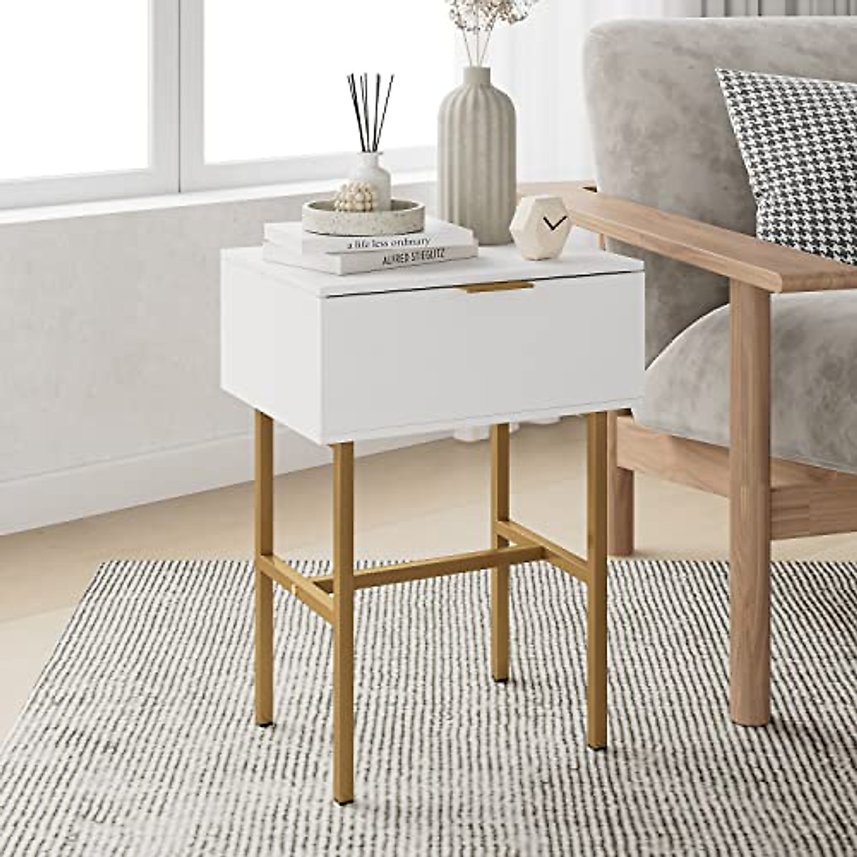 Masupu Nightstand,Mid-Century Modern Bedside Table with Drawer,Small End Table with Gold Frame for Bedroom,Living Room,Classic White
