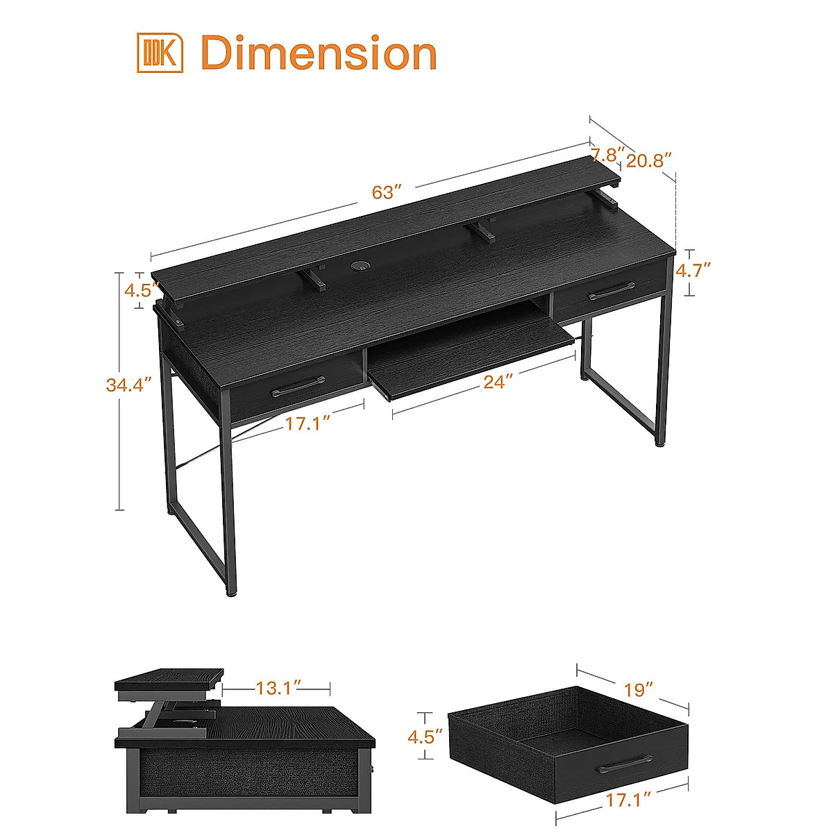 ODK Computer Desk Study Table, 63 Inch Office Desk with Drawers and Keyboard Tray, Study Desk Work Desk with Monitor Shelf, Writing Desk with Storage for Home Office, Black