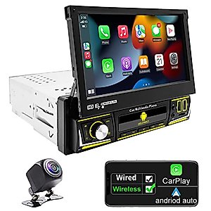 Wireless CarPlay Single Din Car Stereo Wireless Android Auto 7 Inch Flip Out Touch Screen Car Radio GPS Navigation Bluetooth FM WiFi Flip Up Touchscreen Car Audio Receiver USB/TF/AUX Port Head Unit